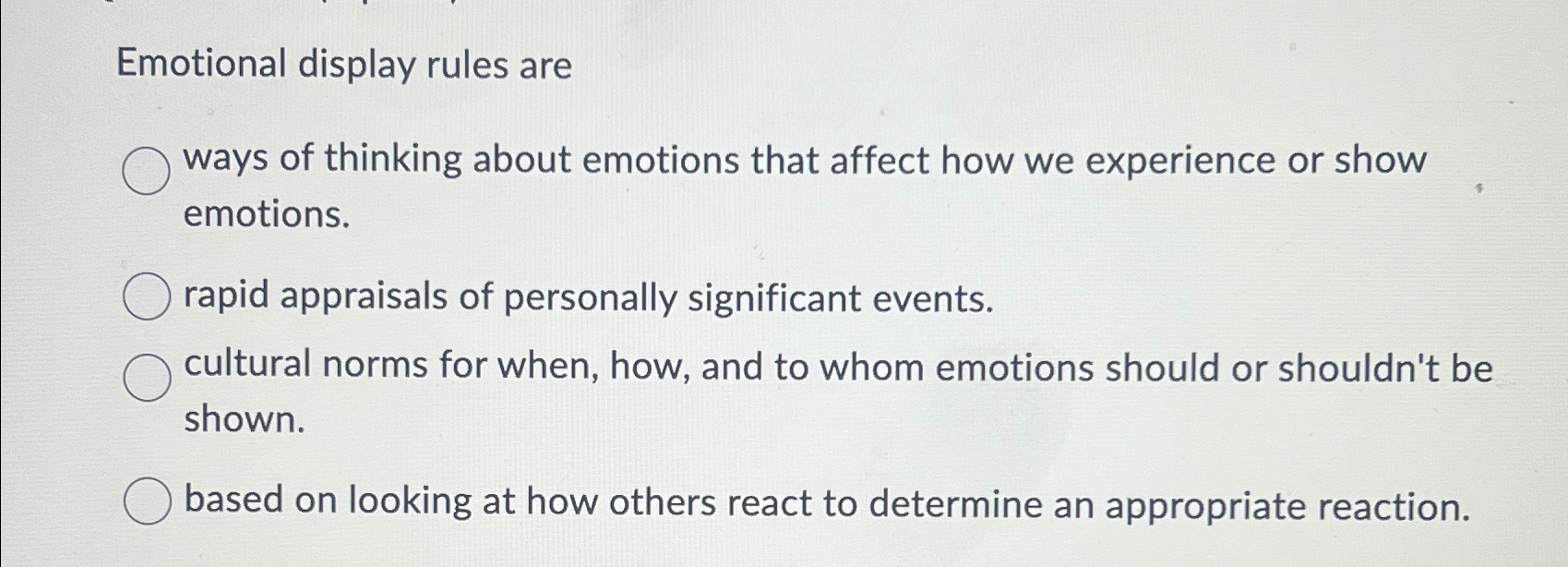 Solved Emotional display rules areways of thinking about | Chegg.com