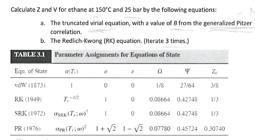 Calculate Z ﻿and V ﻿for ethane at 150 C ﻿and 25 ﻿bar | Chegg.com