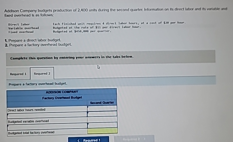 Solved Addison Company budgets production of 2,400 ﻿units | Chegg.com
