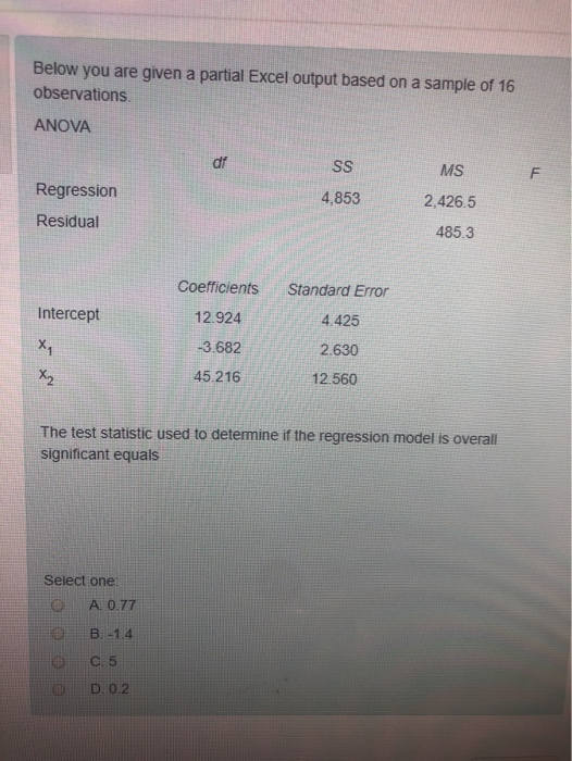 Solved Below you are given a partial Excel output based on a | Chegg.com