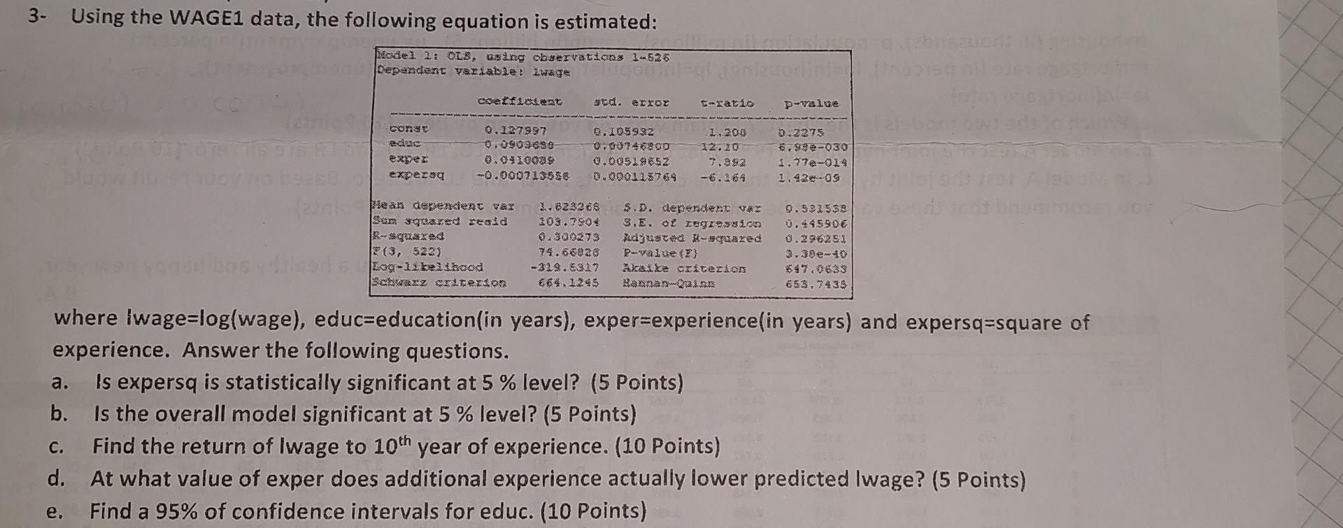 Solved 3- Using the WAGE1 data, the following equation is | Chegg.com