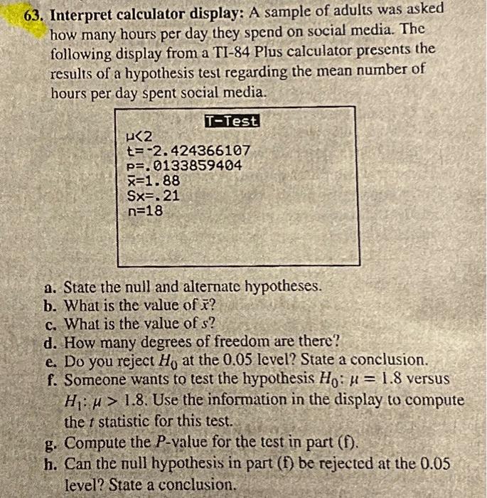 Solved 63. Interpret calculator display: A sample of adults | Chegg.com