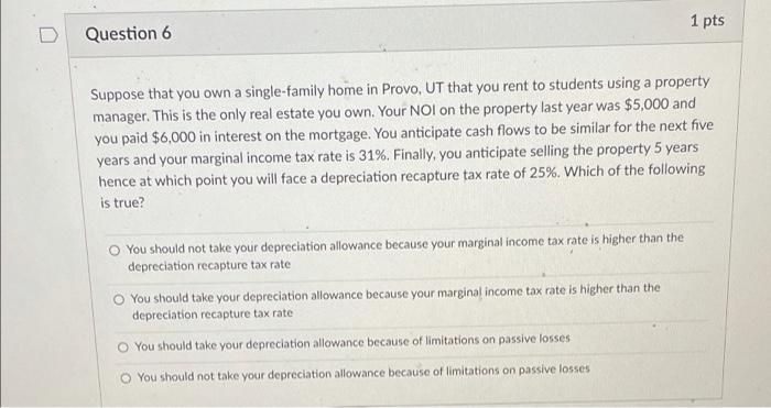 Solved 1 pts Question 6 Suppose that you own a single-family | Chegg.com