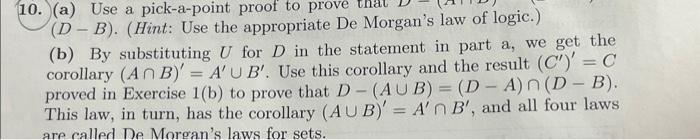 Solved 10. (a) Use a pick-a-point proof to 1 (D−B). (Hint: | Chegg.com