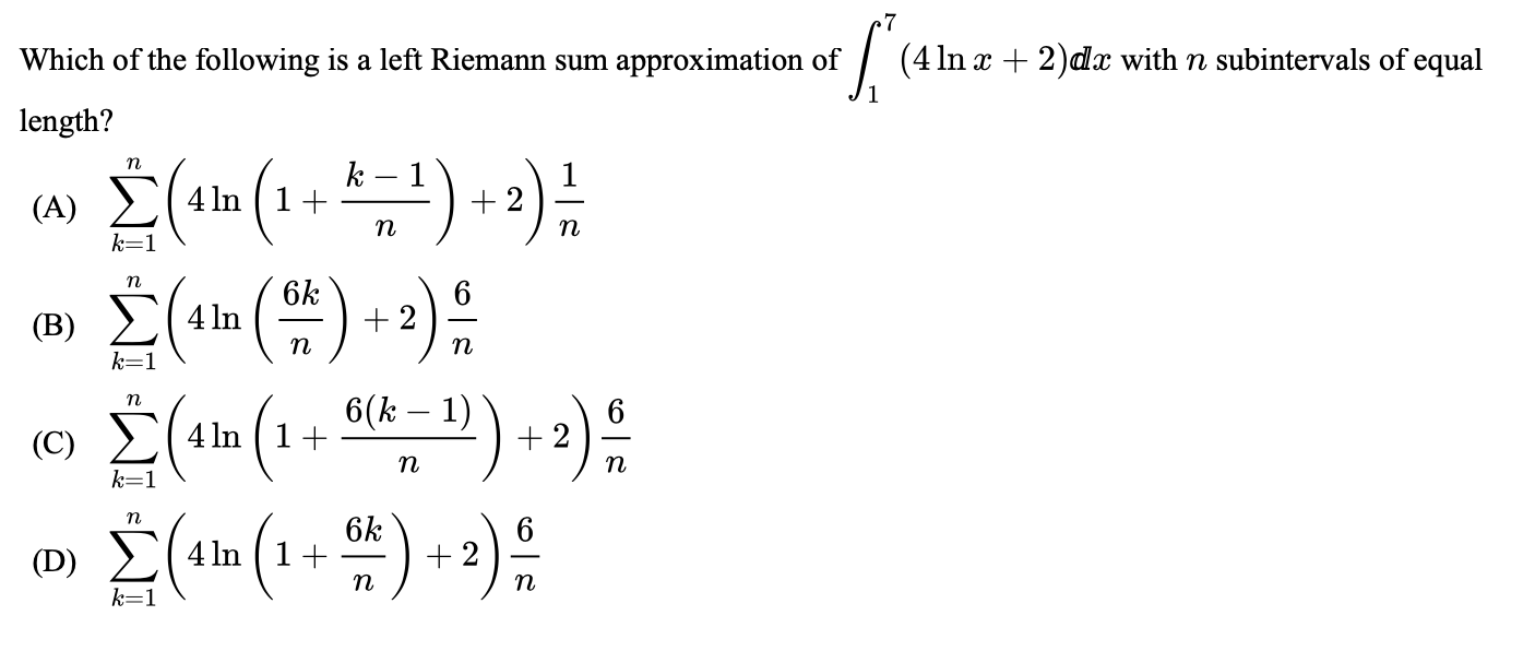 Solved Which Of The Following Is A Left Riemann Sum