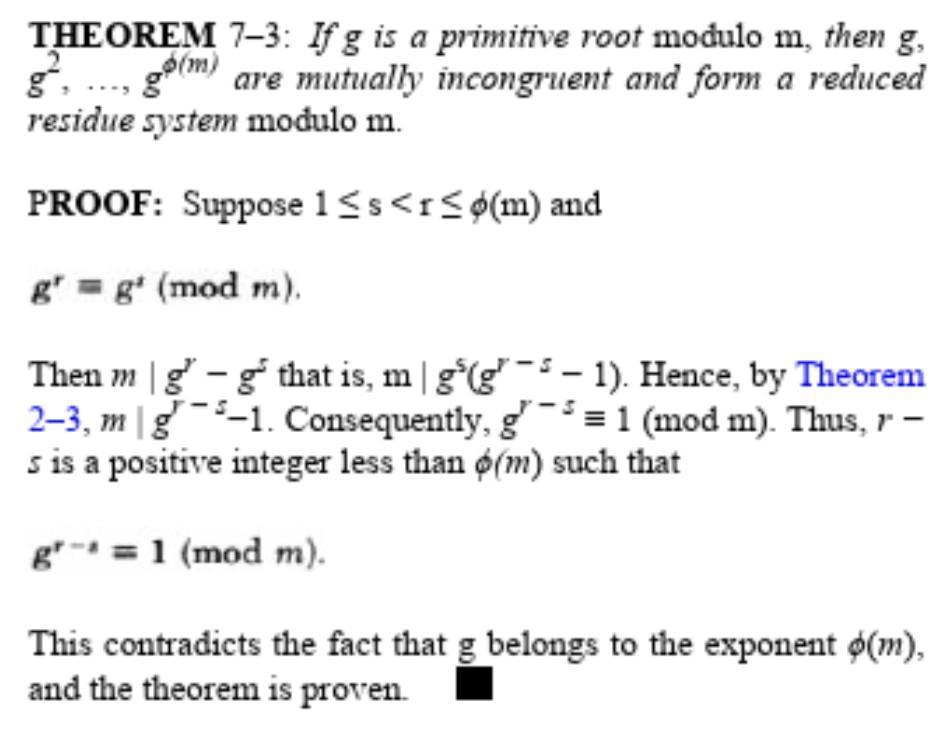 Solved THEOREM 7–3: If g is a primitive root modulo m, then | Chegg.com