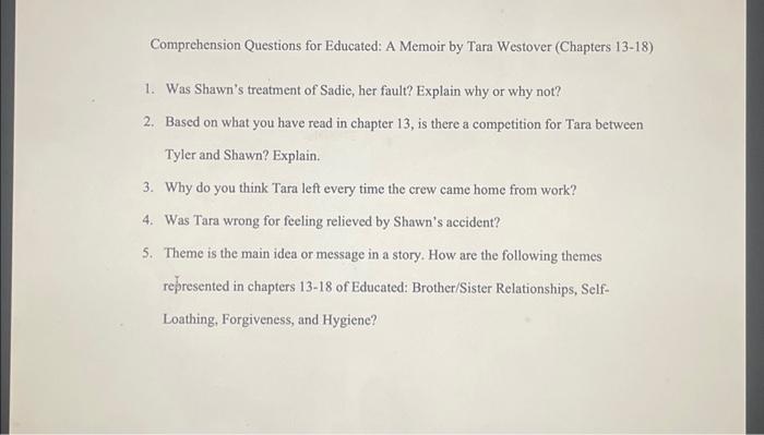 Solved Comprehension Questions for Educated: A Memoir by | Chegg.com