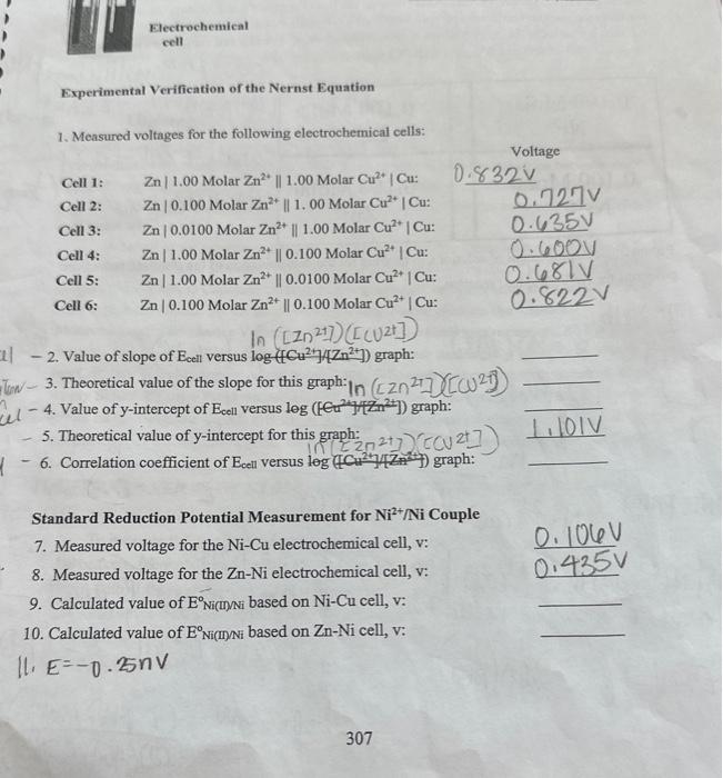 Experimental Verification of the Nernst Equation 1. | Chegg.com