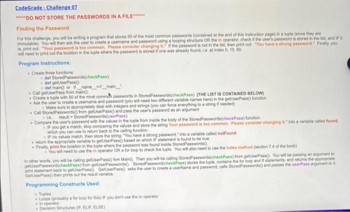 Solved ** DO NOT STORE THE PASSWORDS IN A FILE**. Finding | Chegg.com