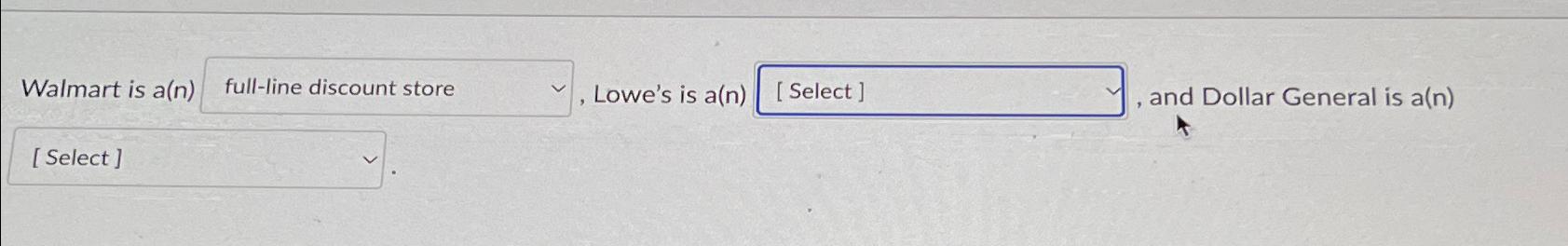 Solved Walmart is a(n)Lowe's is a(n), ﻿and Dollar General is | Chegg.com