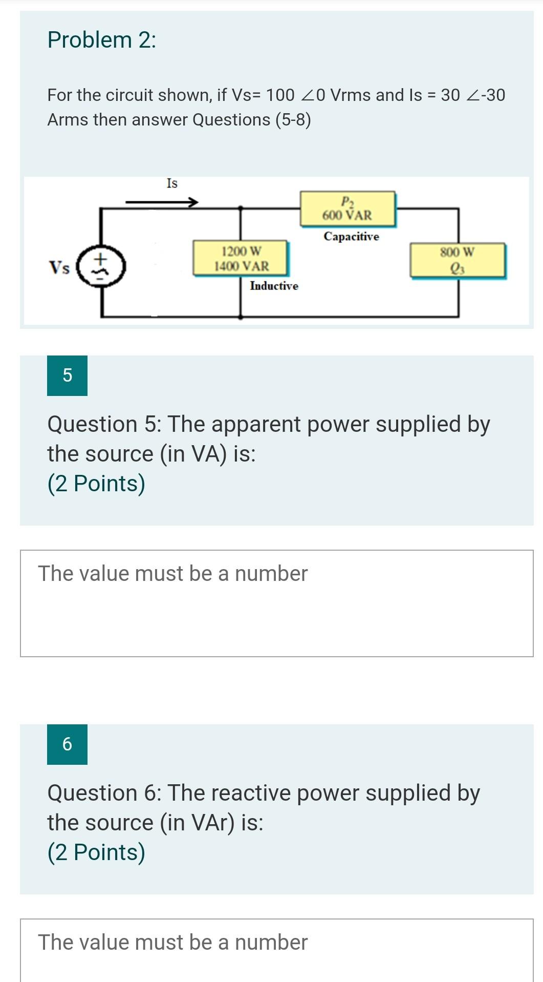 Solved Problem 2: For the circuit shown, if Vs= 100 20 Vrms | Chegg.com