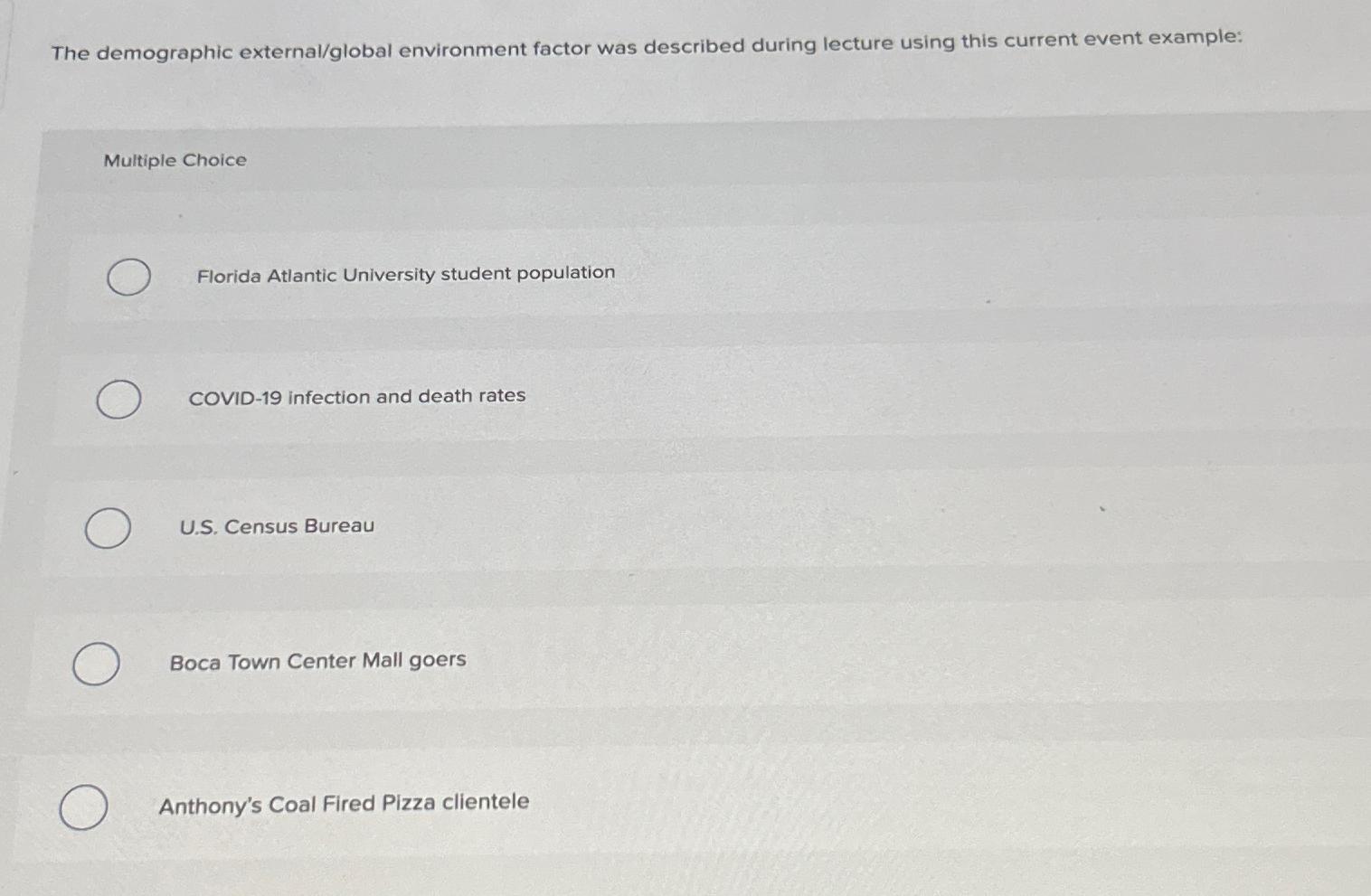 Solved The demographic external/global environment factor | Chegg.com
