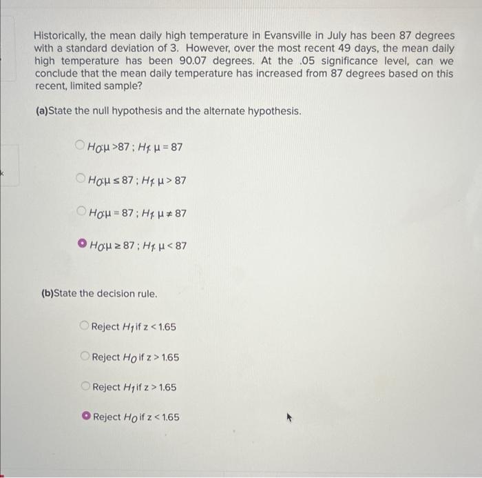 Solved Historically, the mean daily high temperature in | Chegg.com