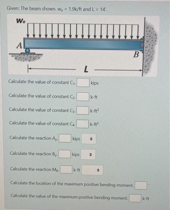 Solved Given: The beam shown. w0=1.9k/ft and L=14 '. | Chegg.com