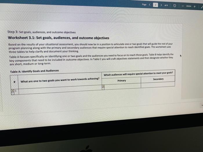 Solved Step 3: Set goals, audiences, and outcome objectives | Chegg.com