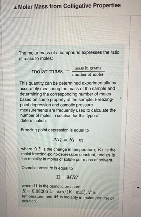Solved ± Molar Mass from Colligative Properties The molar | Chegg.com