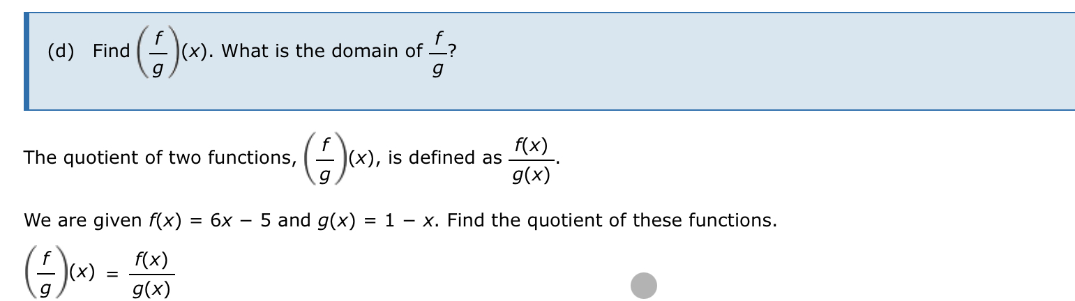 Solved (d) ﻿Find (fg)(x). ﻿What is the domain of fg ?The | Chegg.com