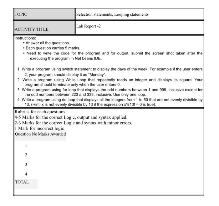 Solved TOPIC Selection statements, Looping statements Lab | Chegg.com