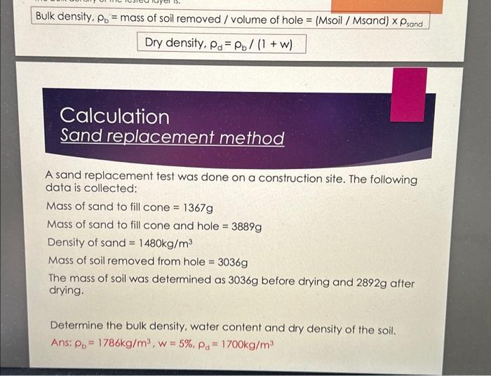 Solved A sand replacement test was done on a construction | Chegg.com
