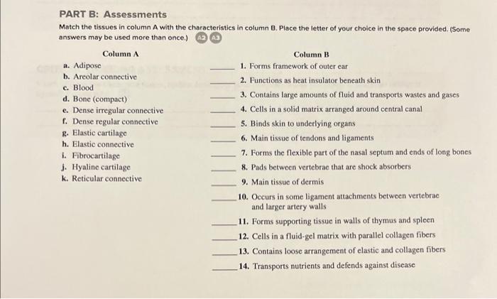 Solved PART B: Assessments Match the tissues in column A | Chegg.com
