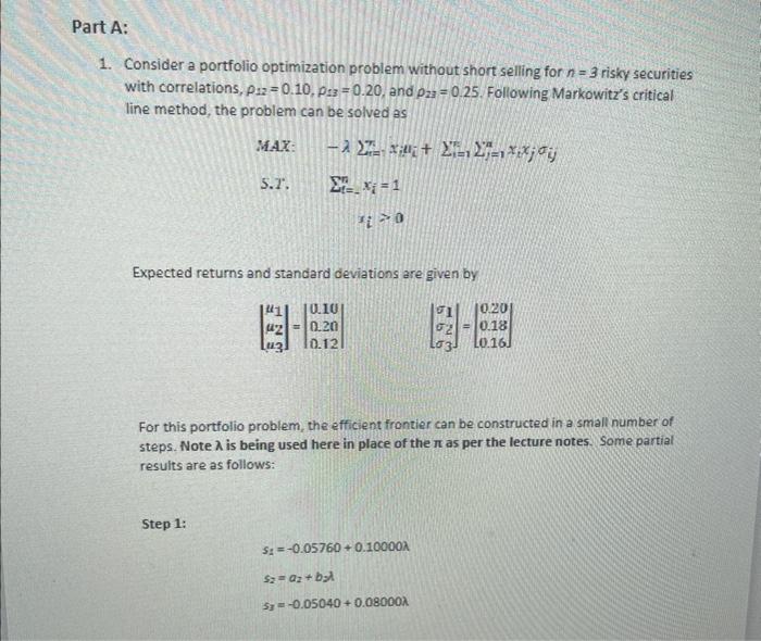 Consider a portfolio optimization problem without | Chegg.com