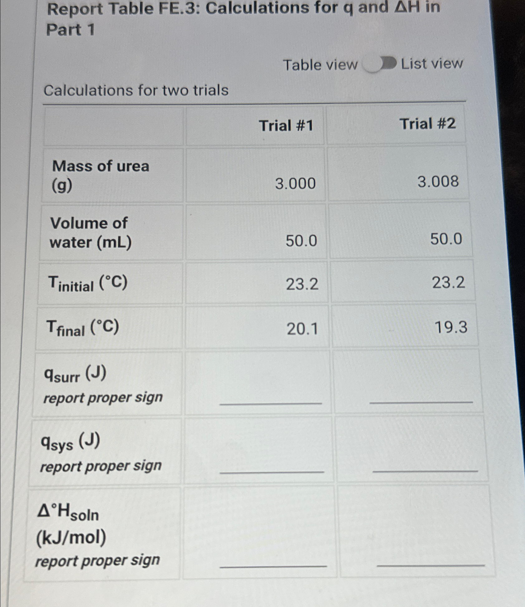 Report Table FE.3: Calculations for q ﻿and ΔH ﻿in | Chegg.com