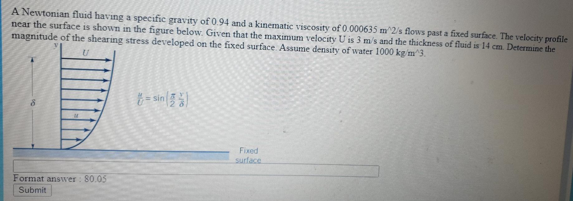 Solved A Newtonian fluid having a specific gravity of 0.94 | Chegg.com