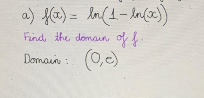 Solved a) f(x)=ln(1−ln(x)) Find the domain of f. Domain: | Chegg.com