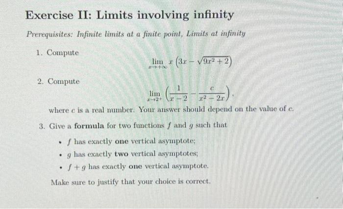Solved Exercise II: Limits involving infinity Prerequisites: | Chegg.com