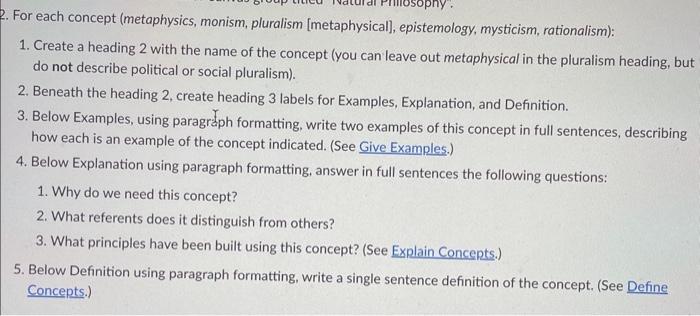 Solved For each concept (metaphysics, monism, pluralism | Chegg.com