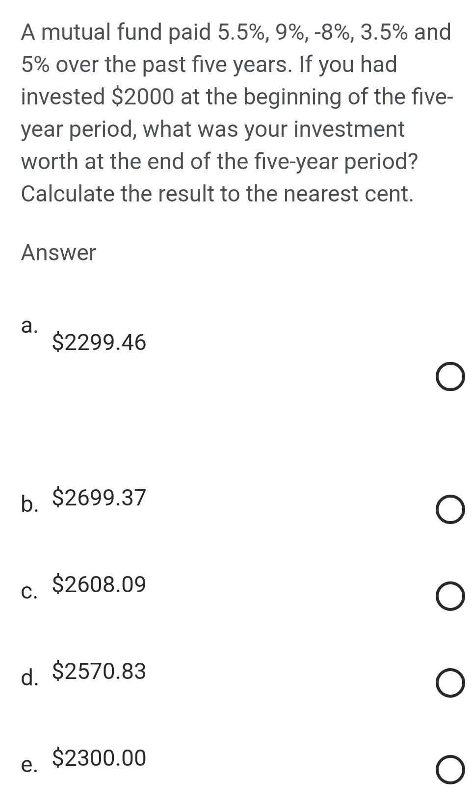 Solved A mutual fund paid 5.5%,9%,-8%,3.5% ﻿and 5% ﻿over the | Chegg.com