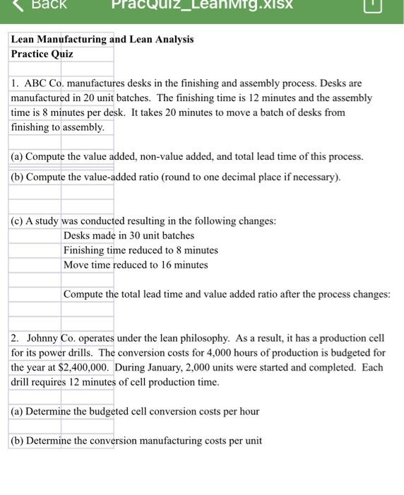 Solved Back LeandTg.XISX Lean Manufacturing and Lean | Chegg.com