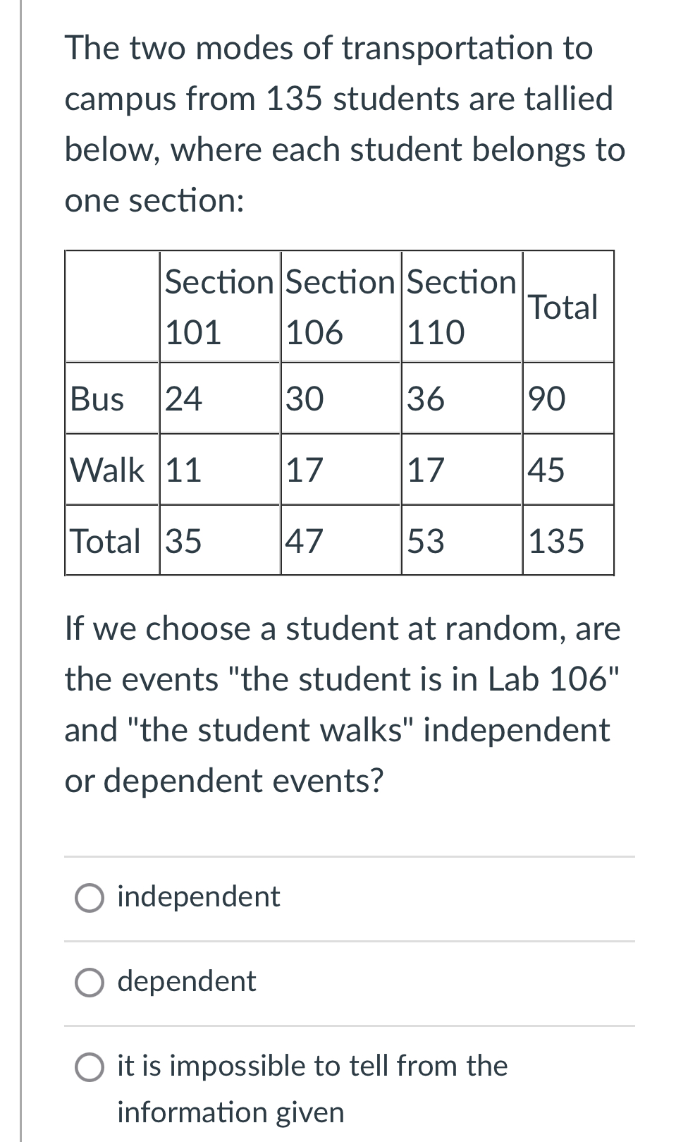 Solved The two modes of transportation to campus from 135 | Chegg.com