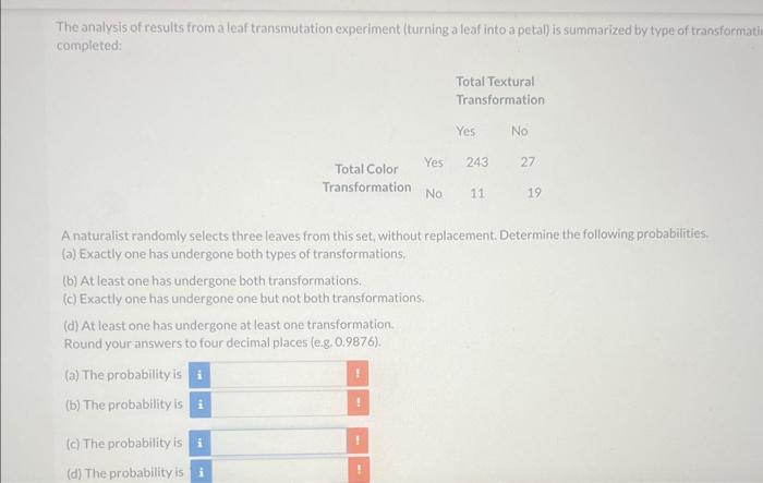 Solved The analysis of results from a leaf transmutation | Chegg.com