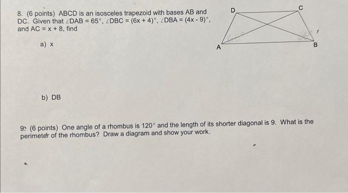 Solved 8. (6 points) ABCD is an isosceles trapezoid with | Chegg.com