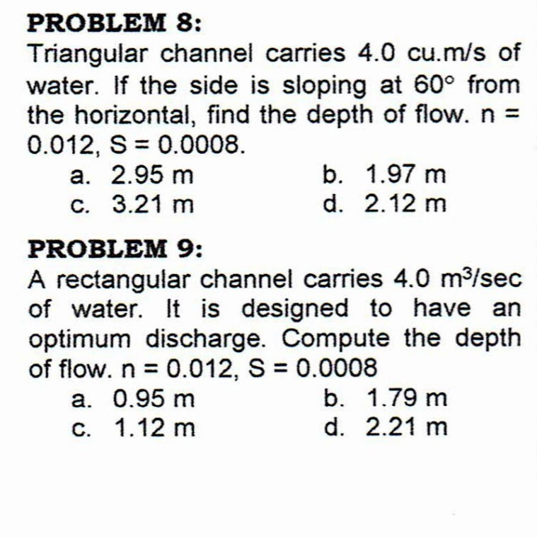 Solved PROBLEM 8: Triangular channel carries 4.0 cu.m/s of | Chegg.com