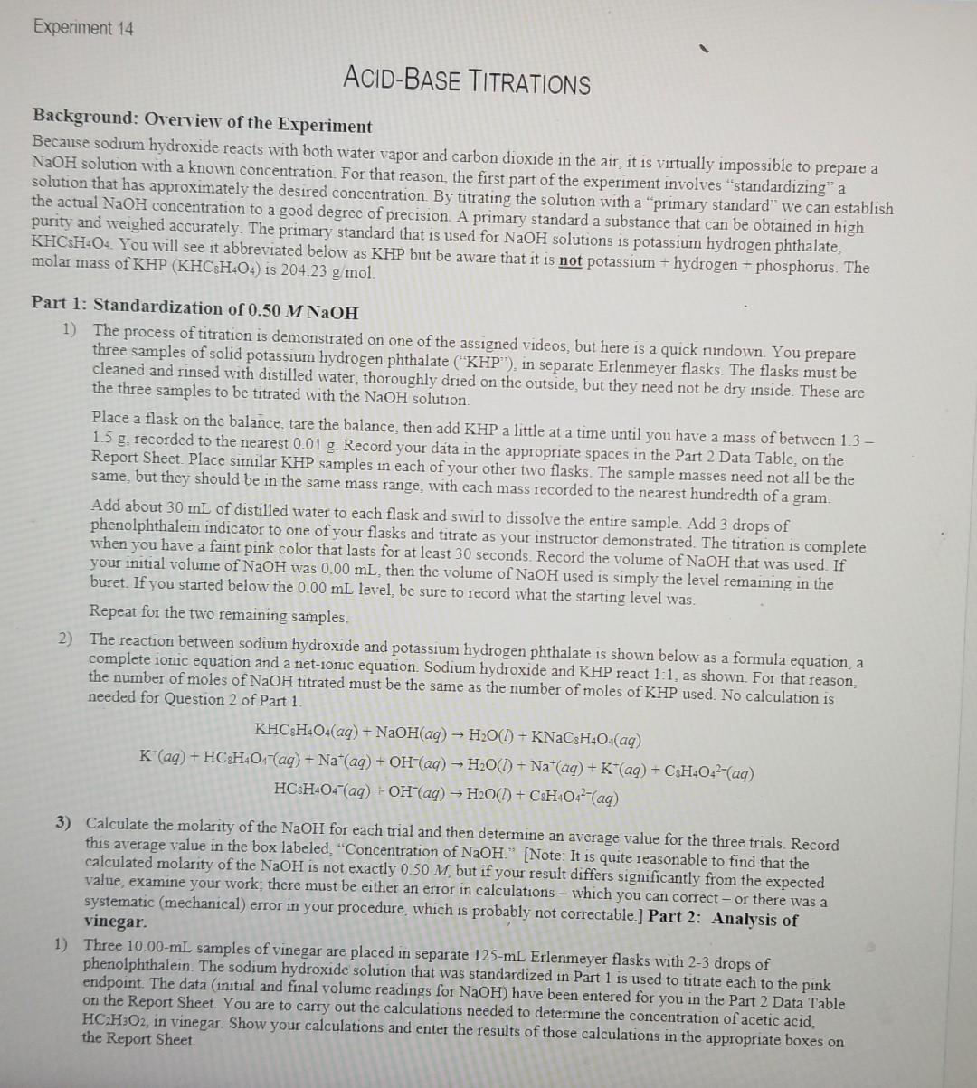 Solved Experiment 14 ACID-BASE TITRATIONS Background: | Chegg.com