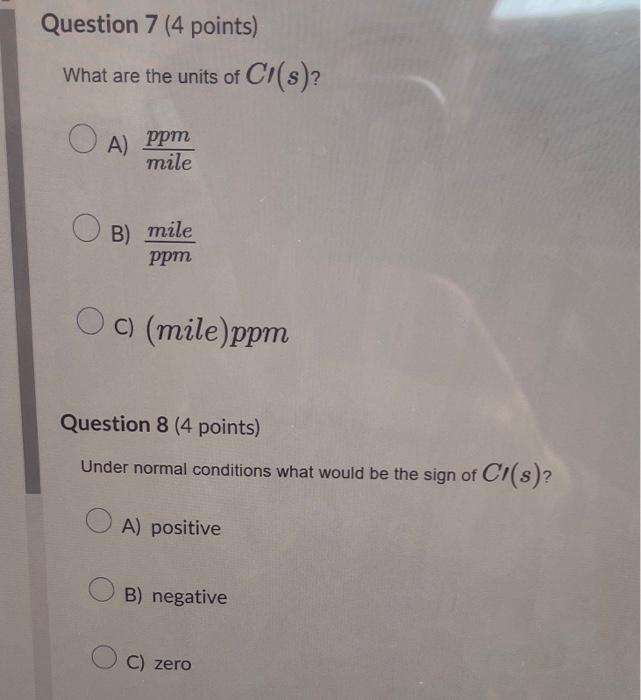 Solved Question 7 (4 points) What are the units of Cl(s) ? | Chegg.com