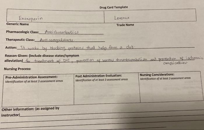 Solved Drug Card Template Enoxaparin Lovenox Generic Name | Chegg.com