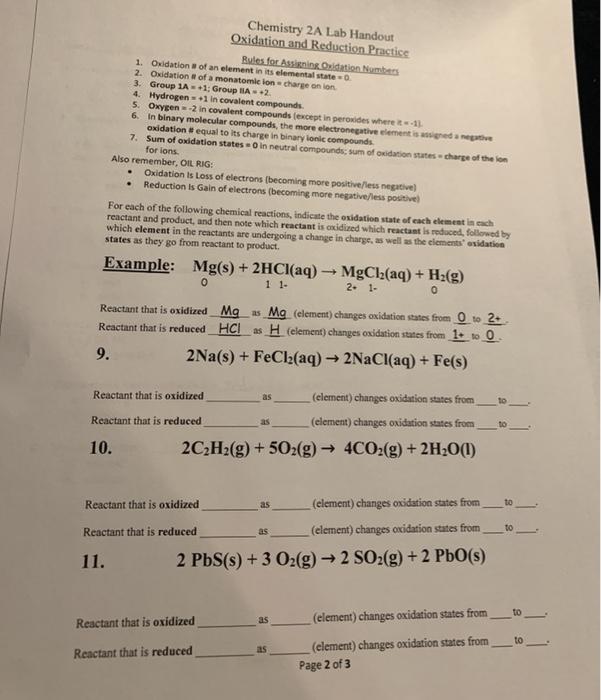 Solved Chemistry 2A Lab Handout Oxidation and Reduction | Chegg.com