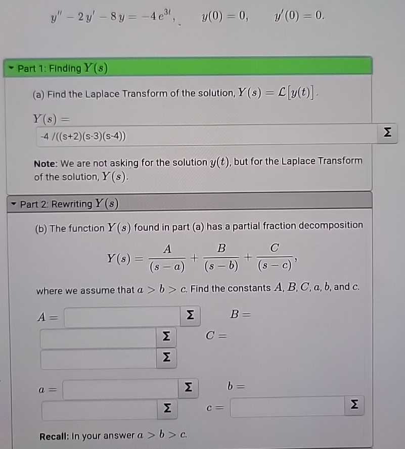 Solved y''-2y'-8y=-4e3t,y(0)=0,y'(0)=0Part 1: Finding | Chegg.com