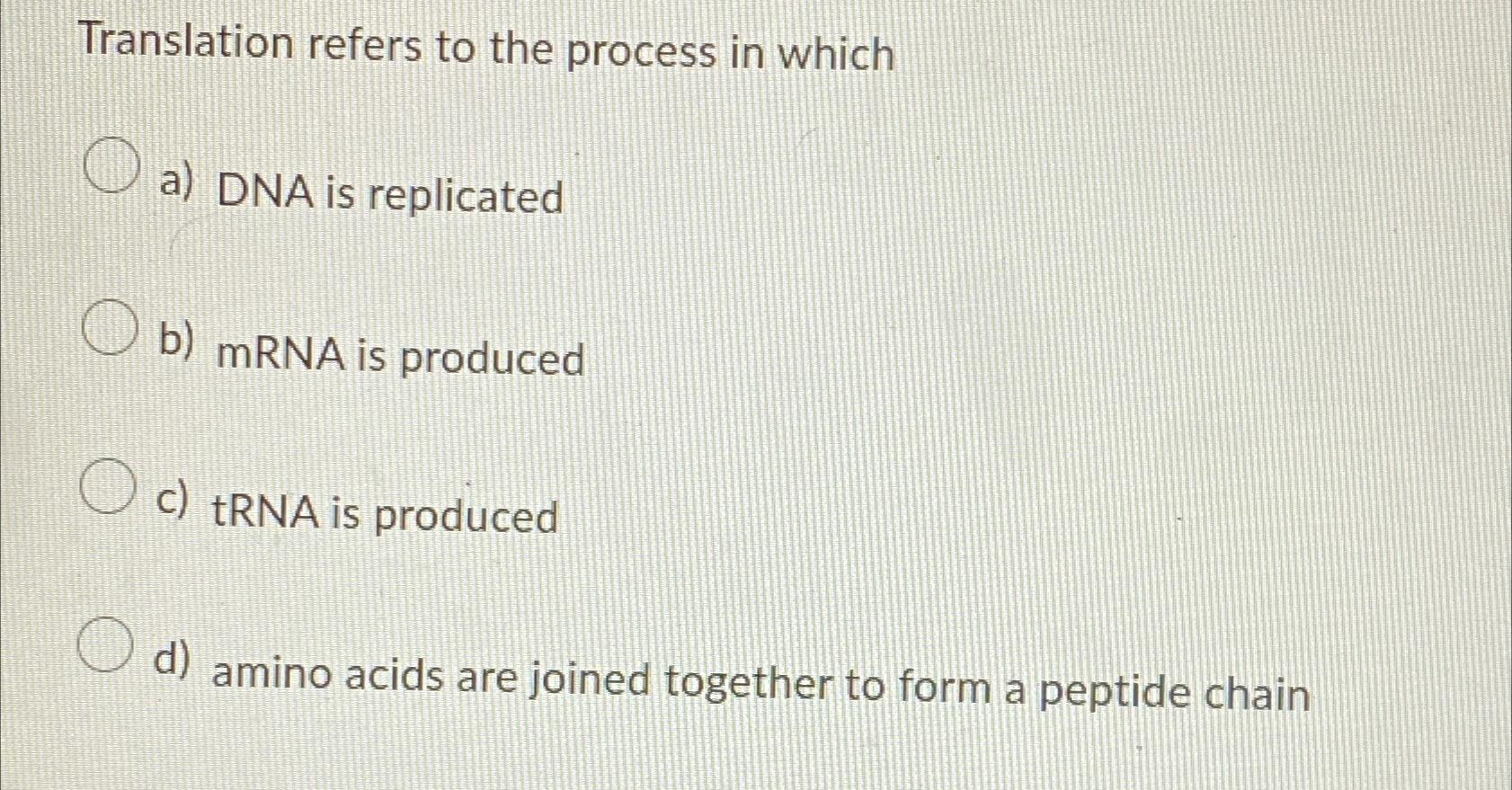 Solved Translation refers to the process in whicha) ﻿DNA is | Chegg.com