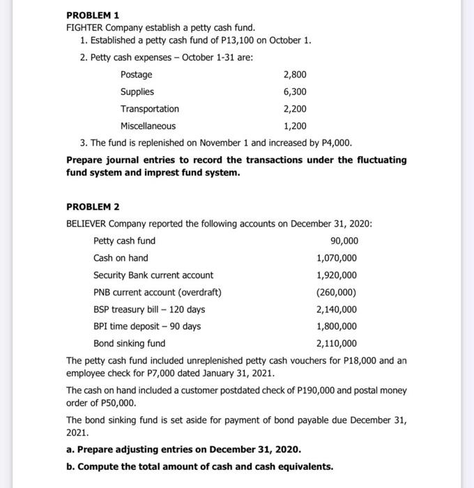 Solved PROBLEM 1 FIGHTER Company establish a petty cash | Chegg.com