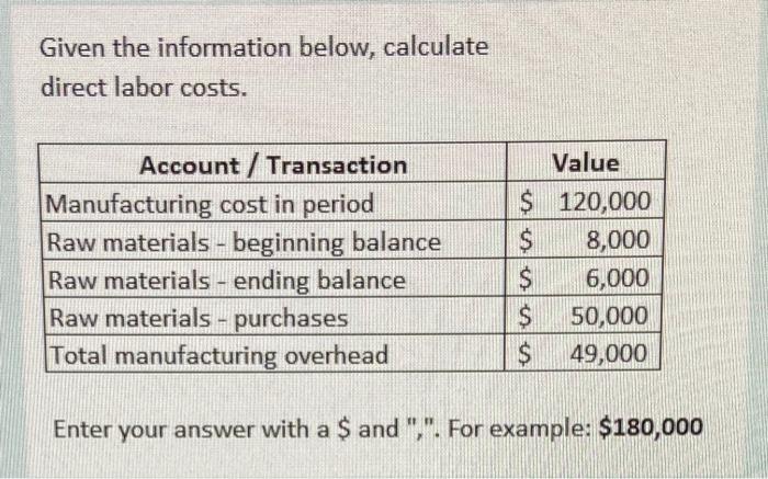 Solved Given the information below, calculate direct labor | Chegg.com