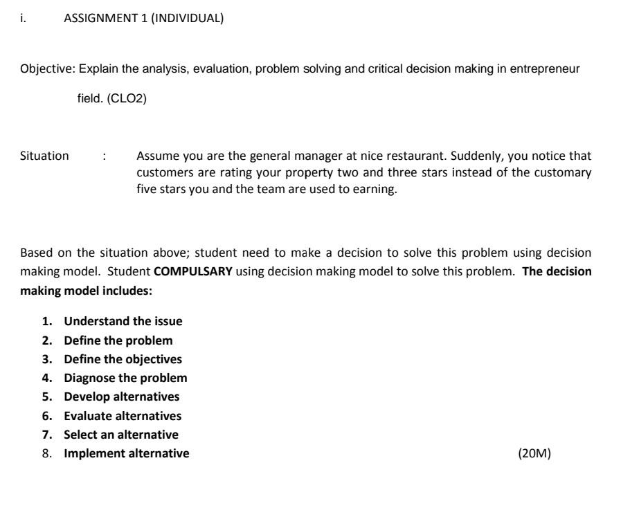 Solved i. ASSIGNMENT 1 (INDIVIDUAL) Objective: Explain the | Chegg.com