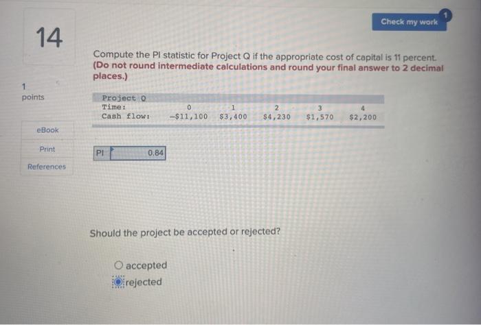 Solved Check my work 14 Compute the Pl statistic for Project | Chegg.com