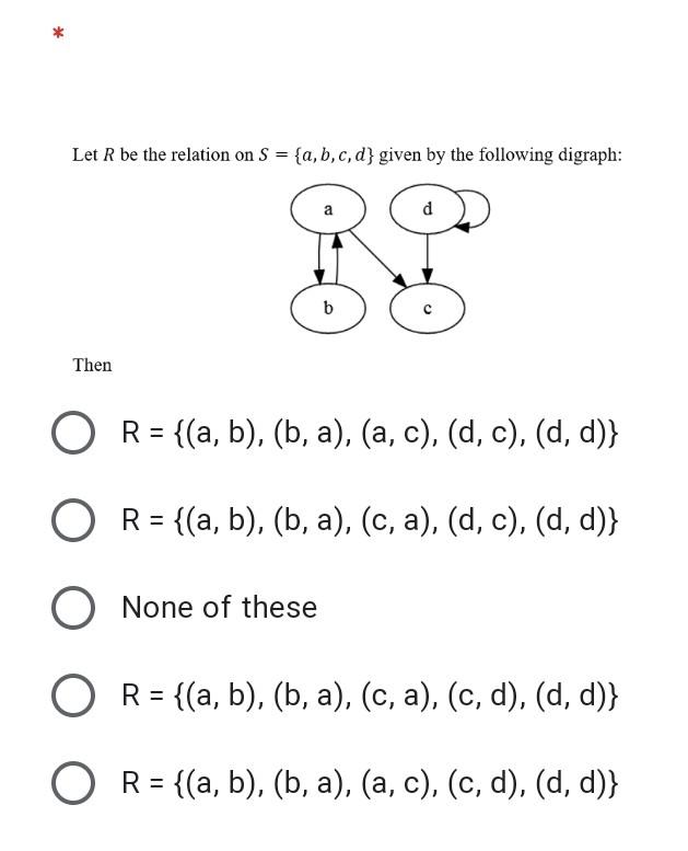 Solved Let R be the relation on S = {a,b,c,d} given by the | Chegg.com