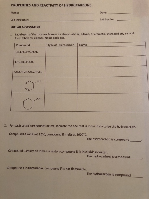 Solved PROPERTIES AND REACTIVITY OF HYDROCARBONS Name: Date: | Chegg.com
