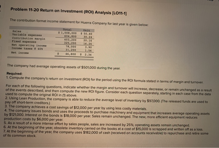 Solved Problem 11-20 Return on Investment (ROI) Analysis | Chegg.com