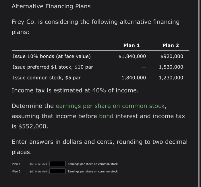 Solved Alternative Financing Plans Frey Co. is considering | Chegg.com
